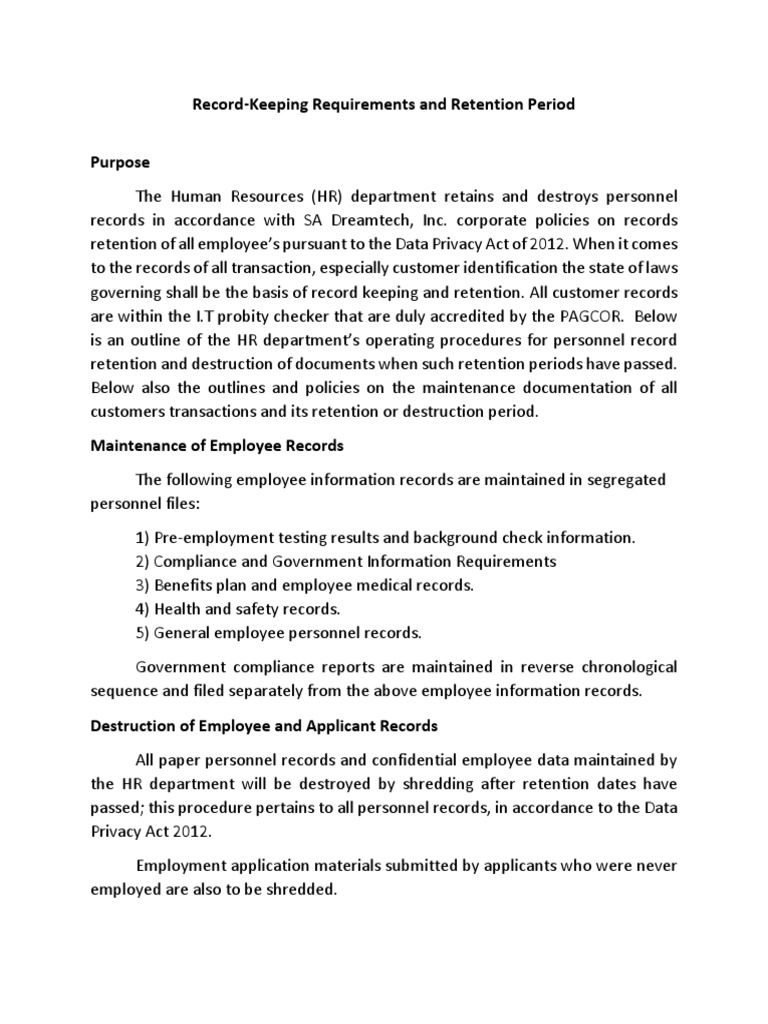 Recordkeeping Policy Record Maintenance Retention and Destruction | PDF ...