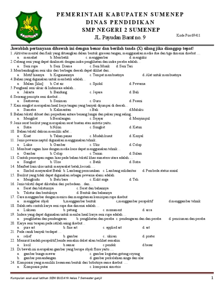 Kisi-Kisi Soal SBK Kelas 7 Semester Ganjil | PDF