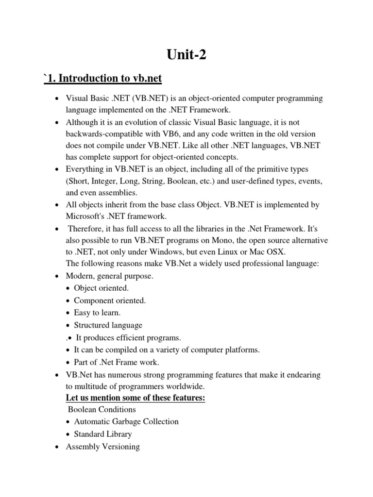 Unit2 .Net Notes | Download Free PDF | Visual Basic .Net | Data Type