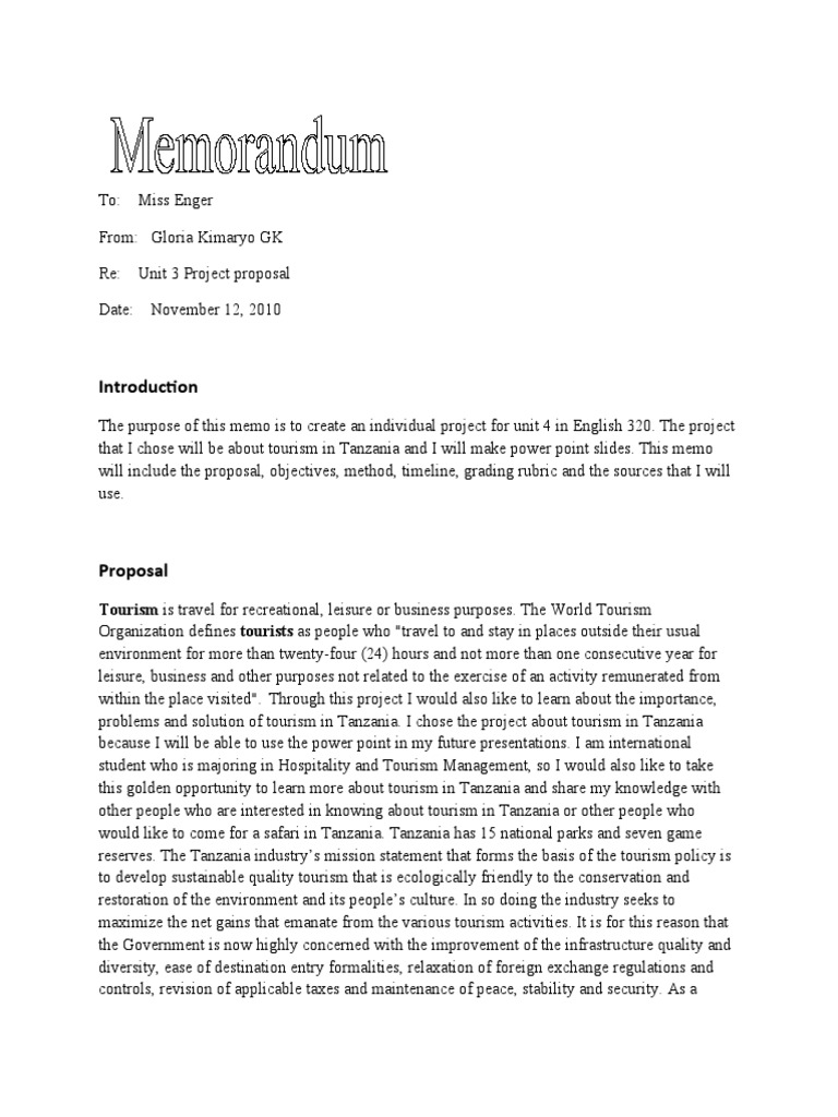 Project Proposal Memo Proposal Gloria Kimaryo | PDF | Tourism | Rubric ...