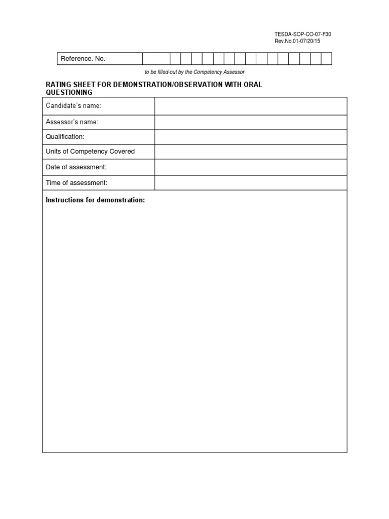TESDA Rating Sheet for Assessment | PDF | Behavior Modification | Learning