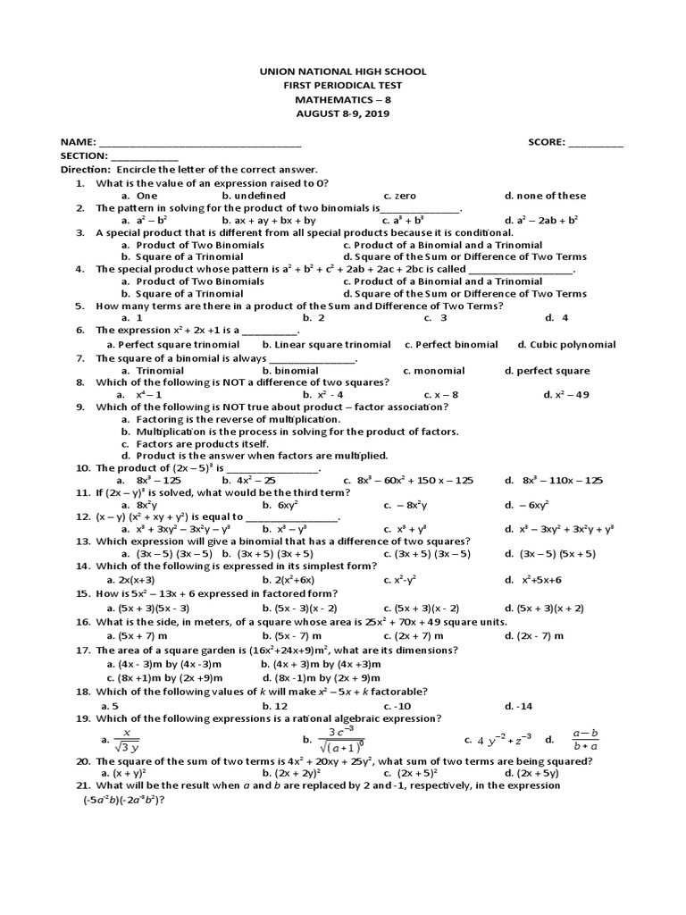 Grade 8 Math First Periodical Test | PDF | Factorization | Algebra