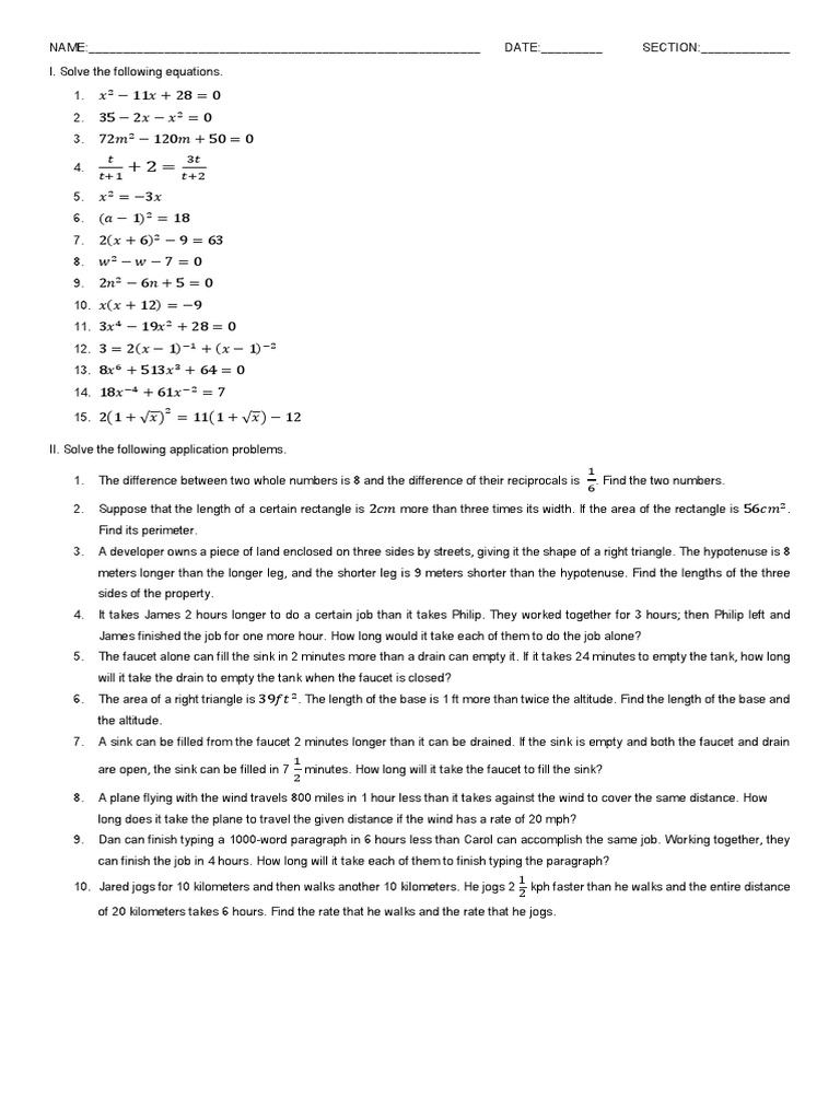 Exercise Quadratic Equations and Application Problems | PDF | Euclidean ...