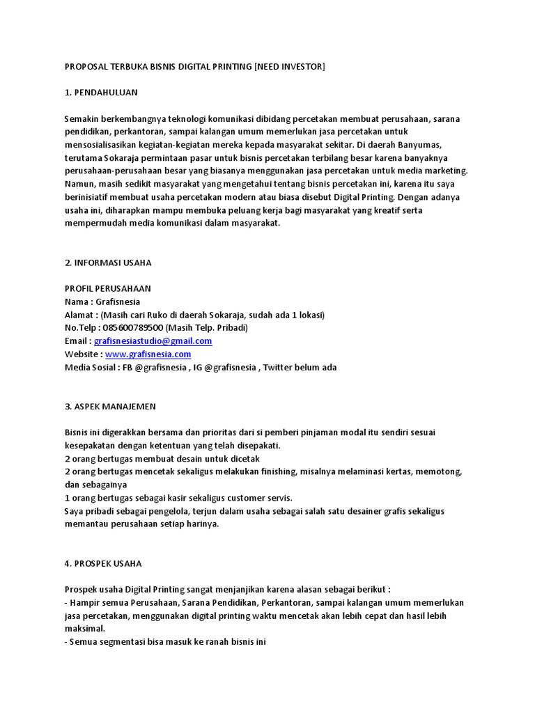 Proposal Terbuka Bisnis Digital Printing | PDF
