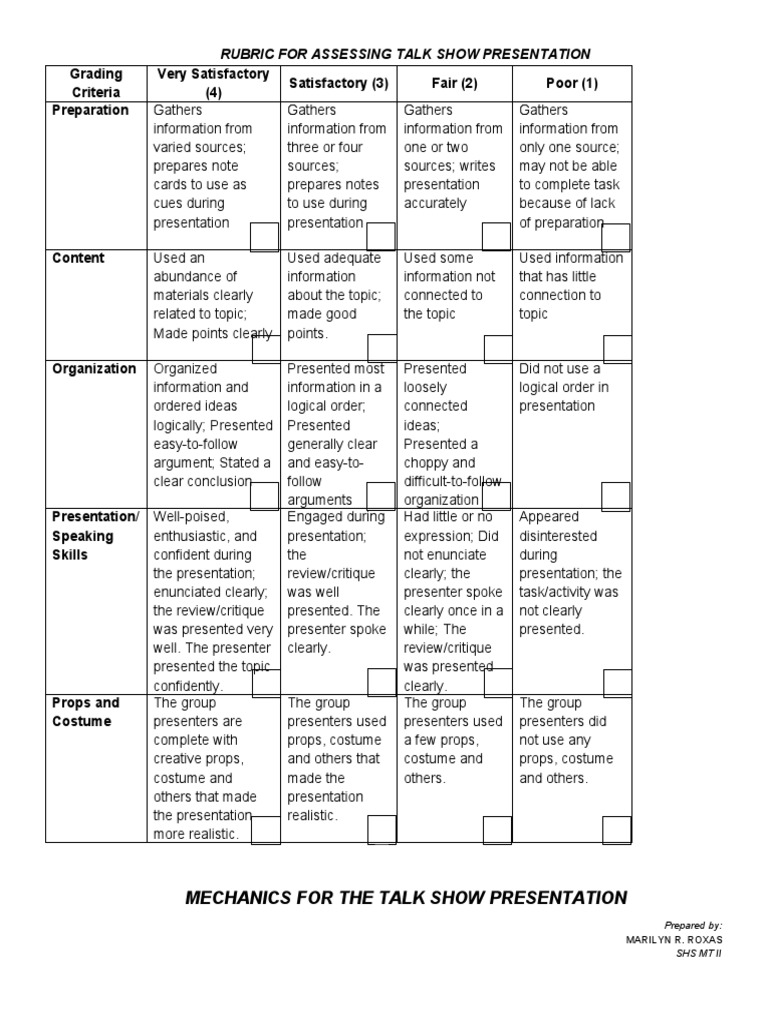Rubric For Assessing Talk Show Presentation | Download Free PDF ...