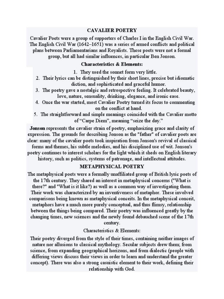 Characteristics of Cavalier Poetry | PDF | Ben Jonson | Poetry