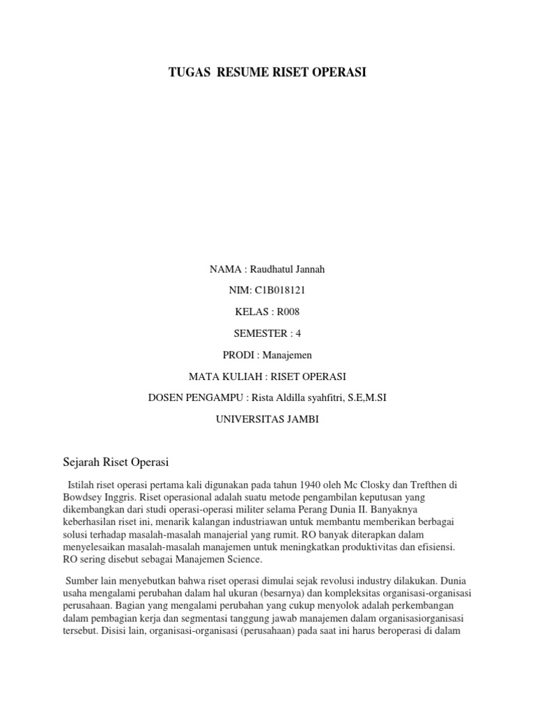 TUGAS RESUME RISET OPERASI Raudhatul Jannah r008 Manajemen | PDF