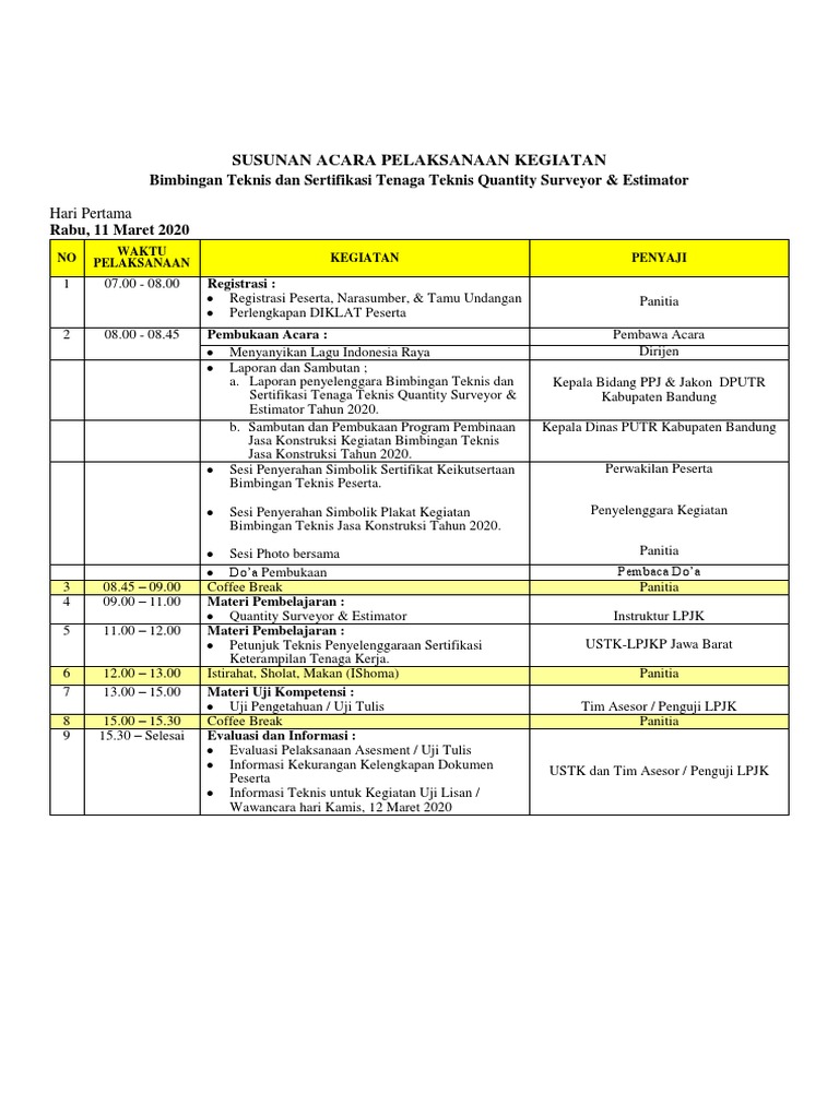 Susunan Acara Bimtek Dan Sertifikasi Tenaga Teknis QS Dan Estimator 2 ...