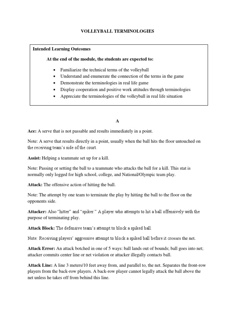 Volleyball Terminologies | PDF | Volleyball | Team Sports