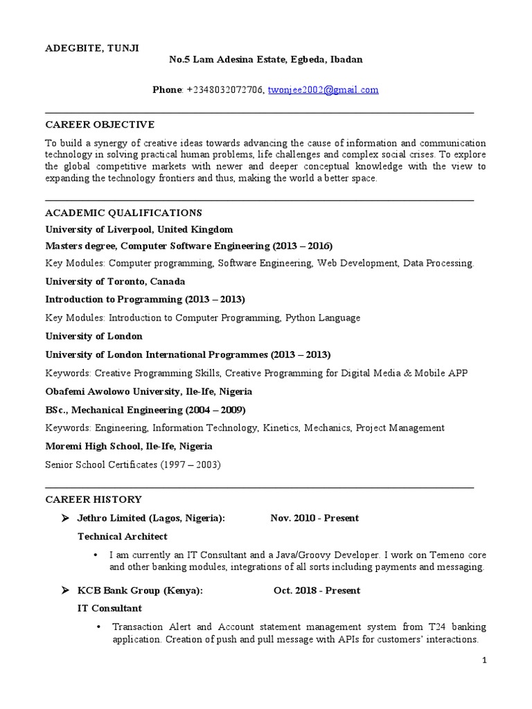 Adetunji CV | PDF | Software Development | Online Banking