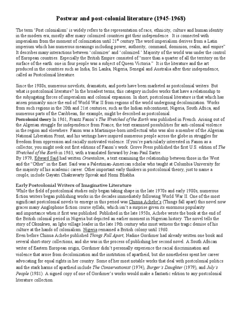 Postwar and Post Colonial Literature | PDF | Postcolonialism | Colonialism