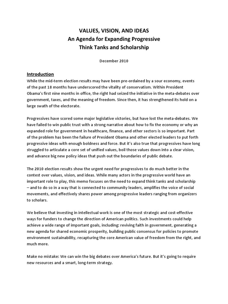 Values, Vision, Ideas - A Memo On Progressive Think Tanks | PDF | Think ...