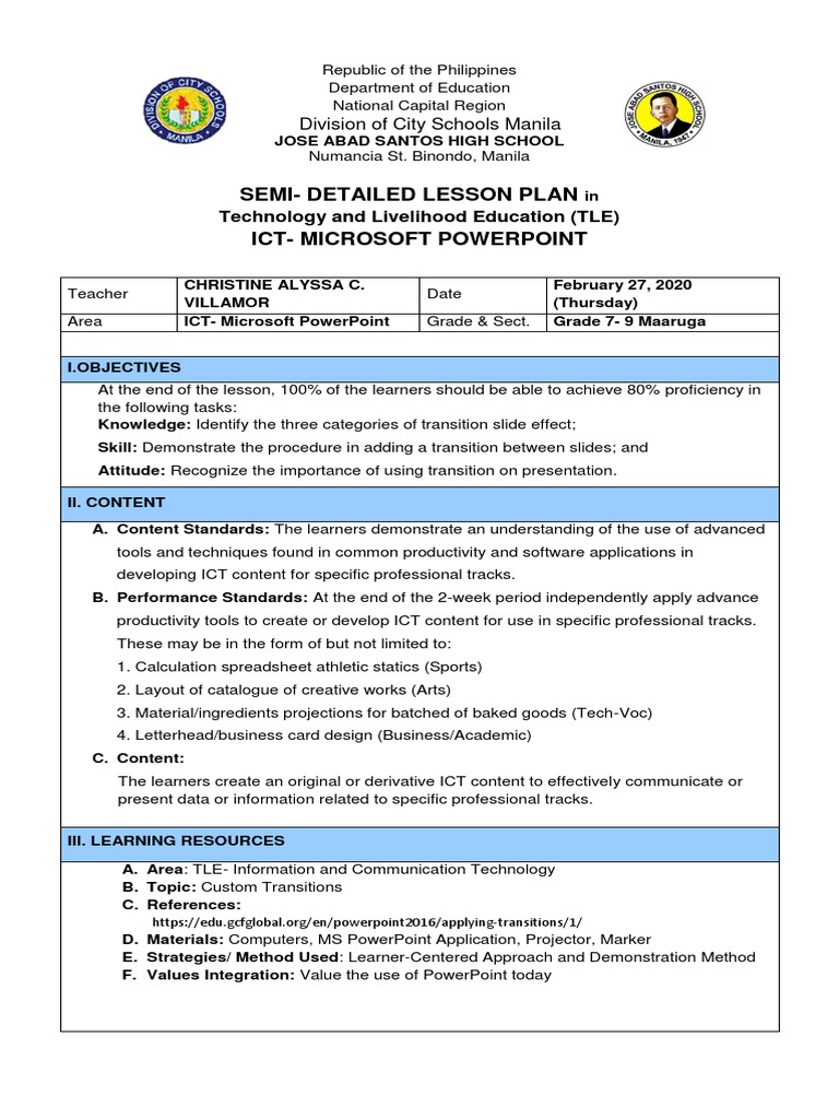 TLE Lesson Plan: Microsoft PowerPoint Transitions | PDF | Educational ...