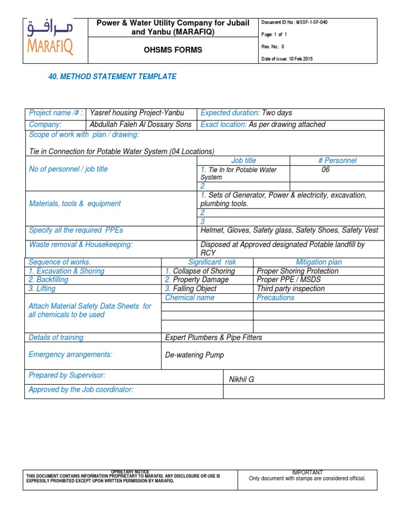 Method Statement Template (Potable Water System) | PDF | Plumbing ...