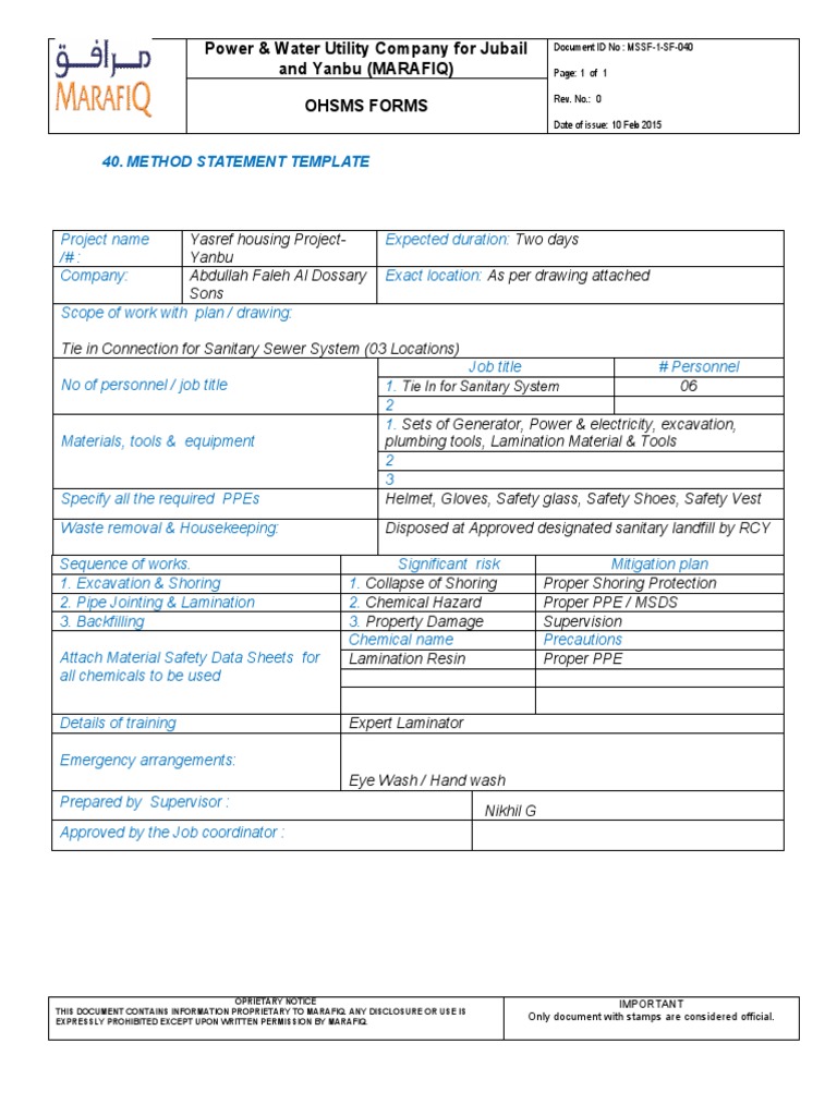 Method Statement Template (Sanitary Water System) | PDF | Personal ...