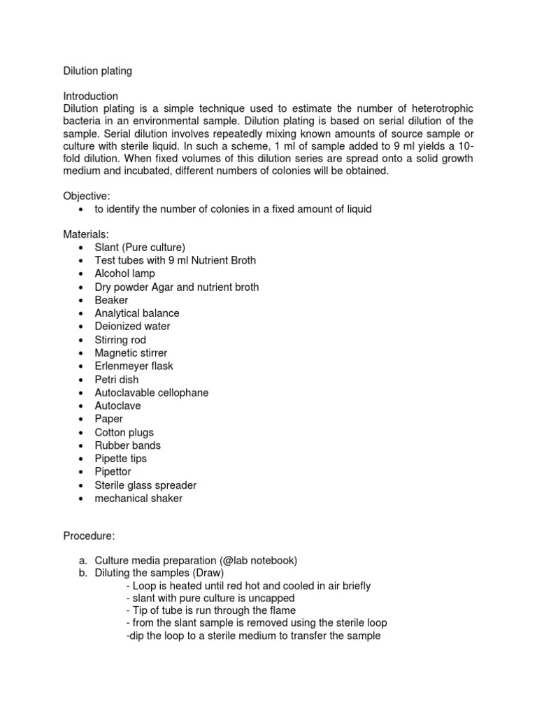 Dilution Plating Lab Report | PDF | Growth Medium | Laboratories