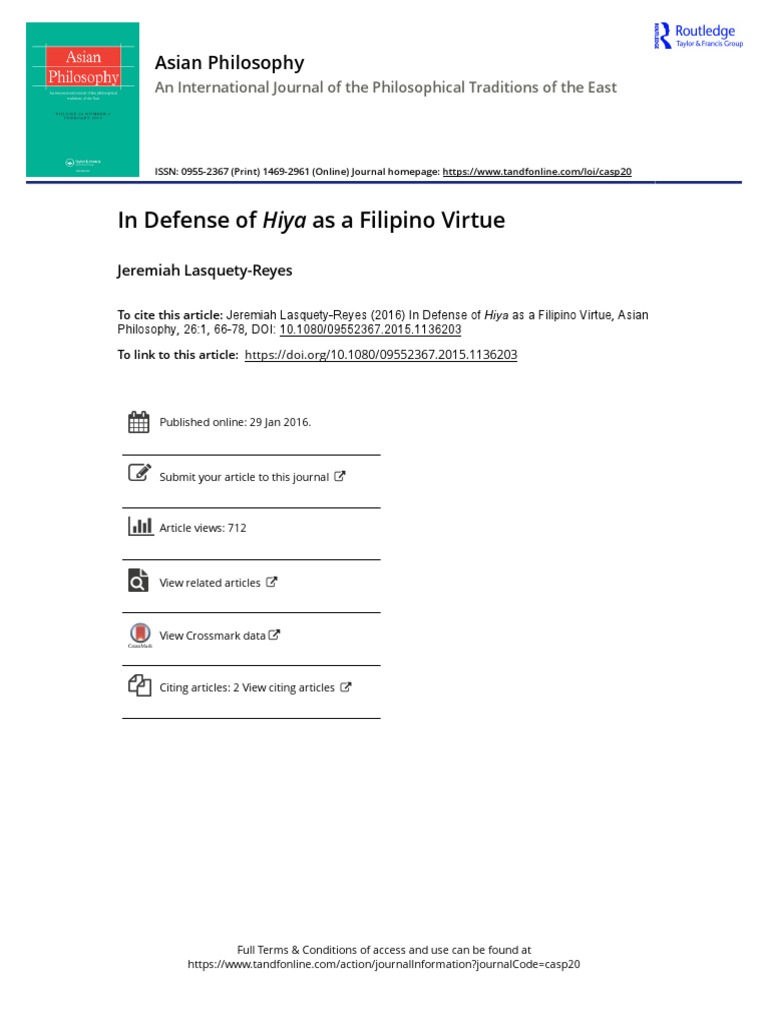 In Defense of Hiya As A Filipino Virtue | PDF | Thomas Aquinas | Shame