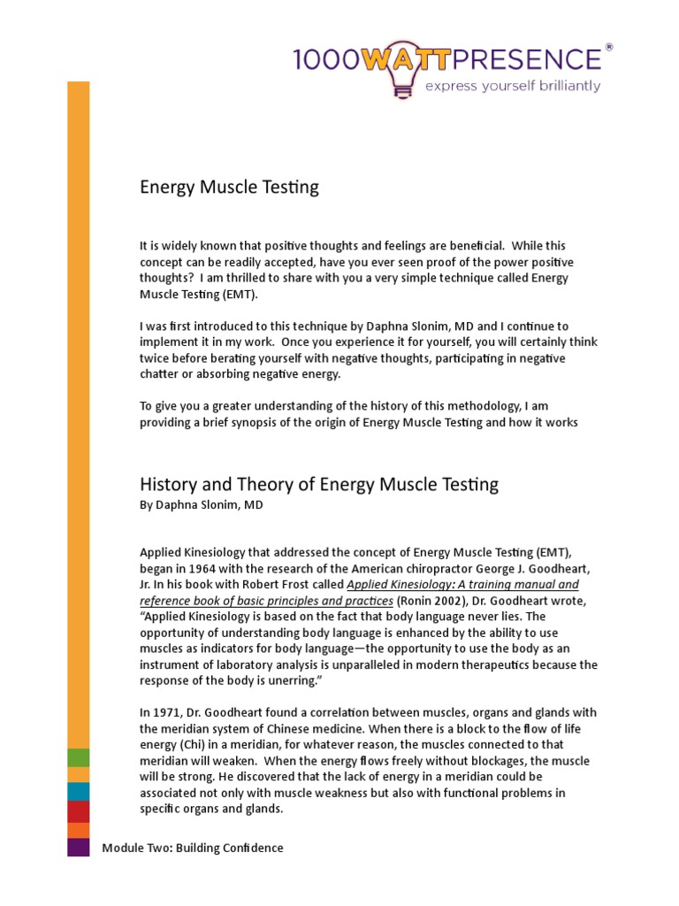 Energy Muscle Testing Overview | PDF | Consciousness | Neuroscience