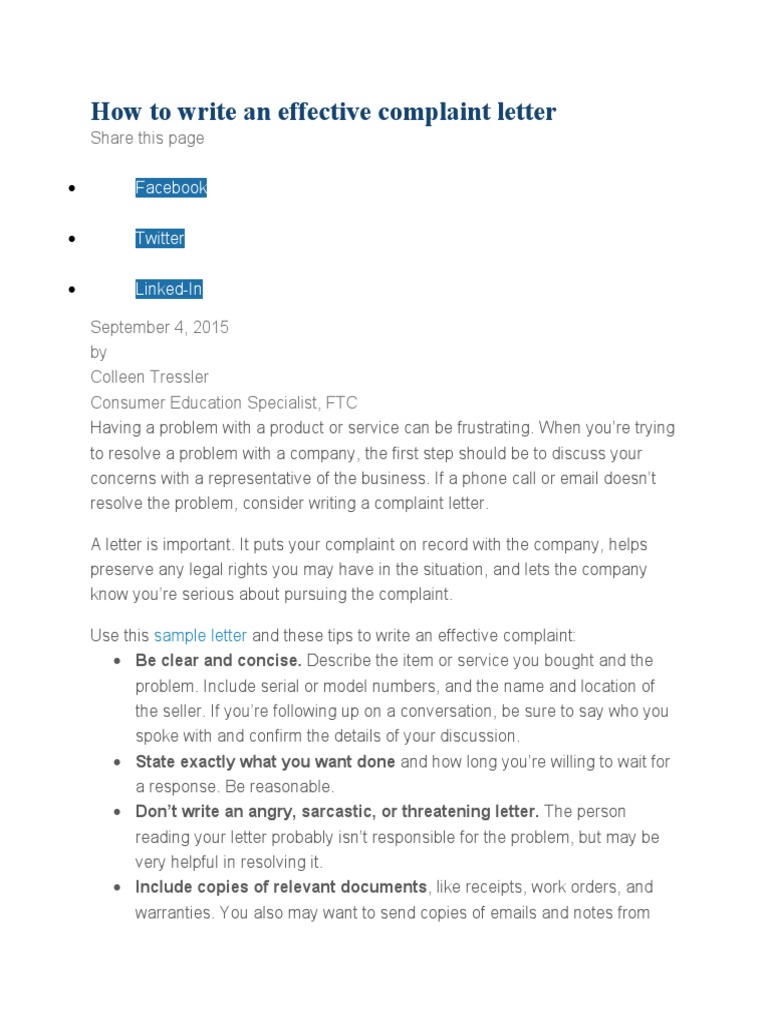 How to Write an Effective Complaint Letter | PDF | Federal Trade ...