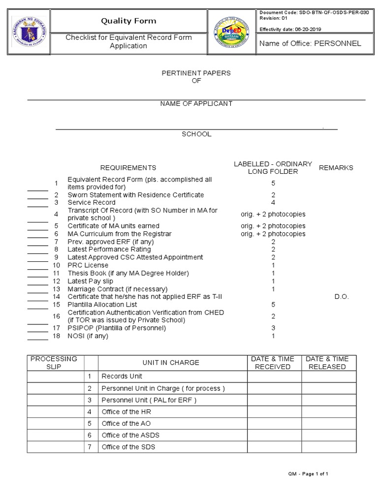 SDO BTN QF OSDS PER 030 ERF Checklist | PDF | Business