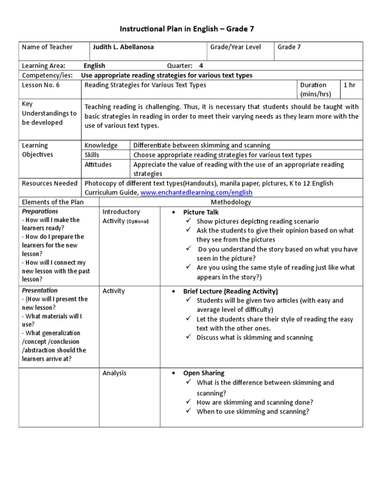 Reading Strategies for Grade 7 Texts | PDF | Speed Reading | Learning