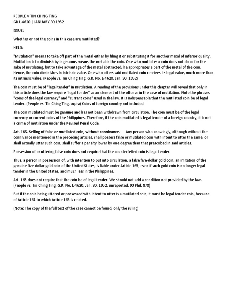 206 - People V Tin Ching Ting | PDF | Legal Tender | Coins