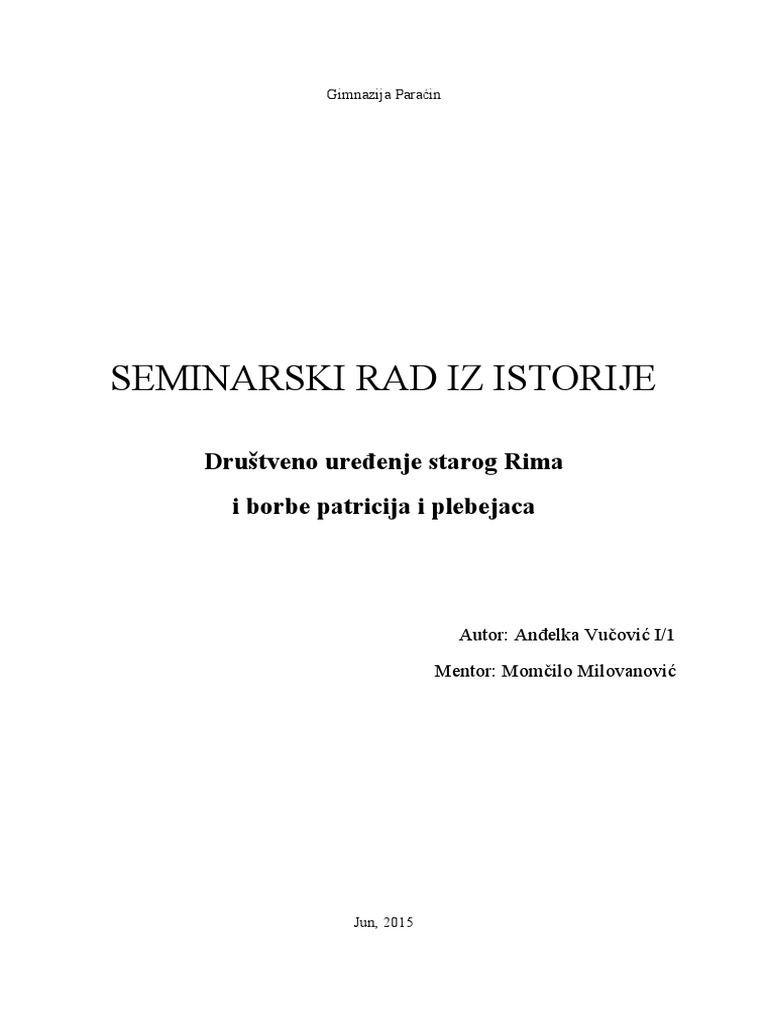 Društveno Uređenje Starog Rima I Borbe Patricija I Plebejaca | PDF