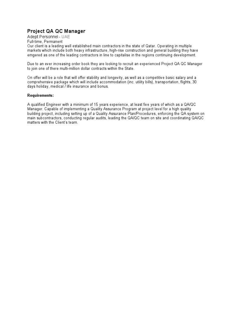Project QA QC Manager | PDF | Business | Finance & Money Management
