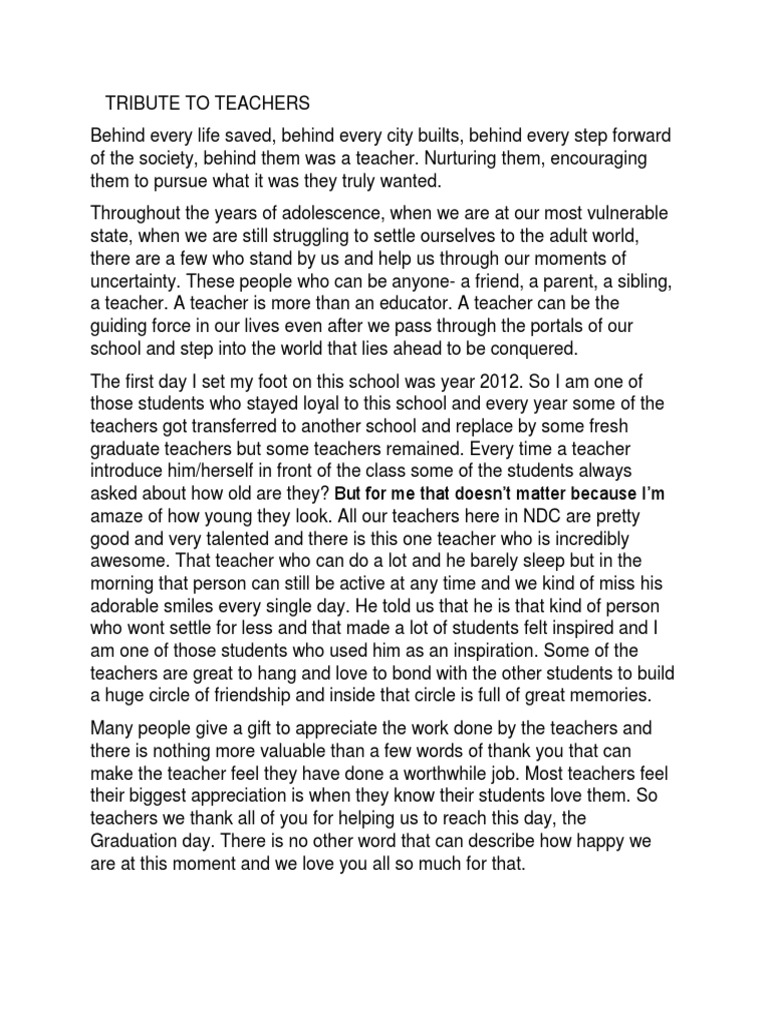 Tribute To Teachers Speech | PDF