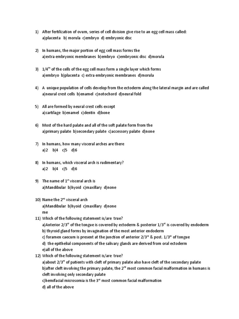 Embryology and Development of Teeth Multiple Choice Questions | PDF ...