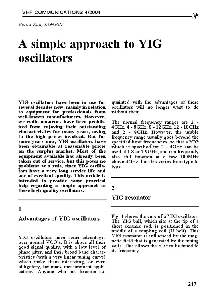 A Simple Approach To YIG Oscillators PDF | PDF | Electronic Oscillator | Frequency Modulation