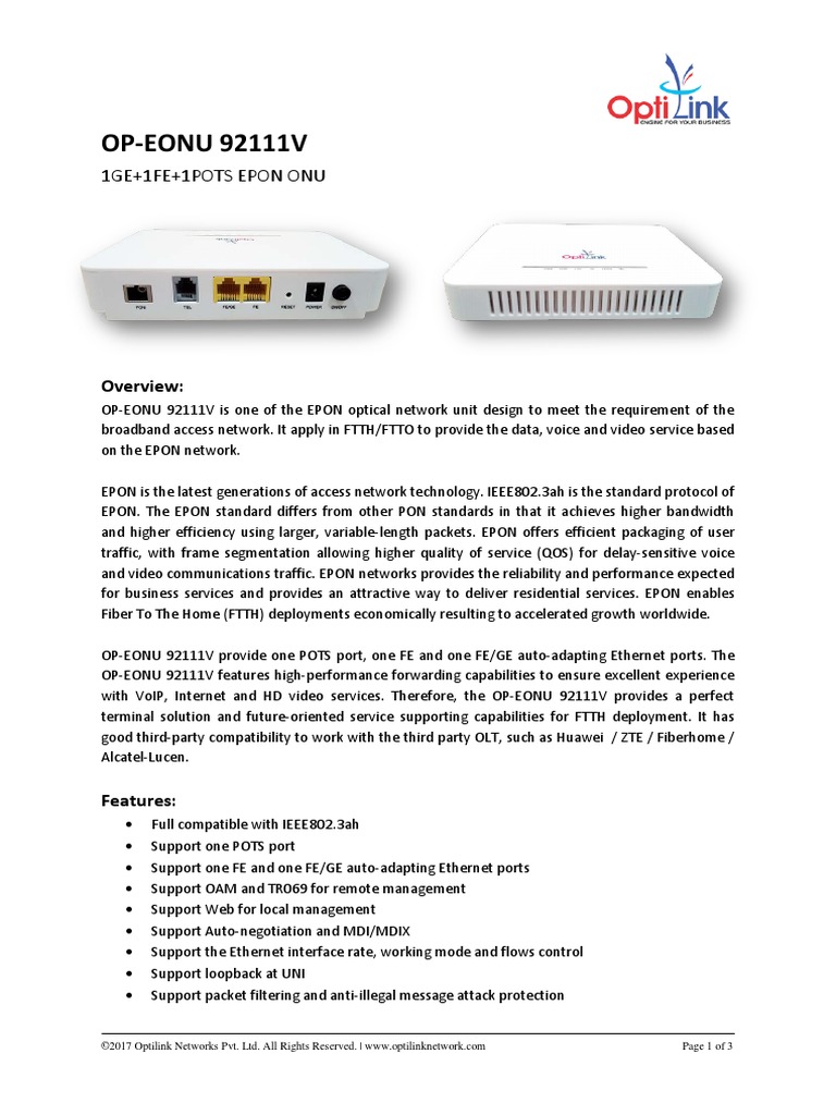 OP-EONU 92111V Datasheet | PDF | Fiber To The X | Networks