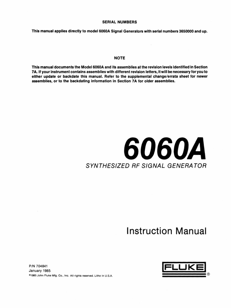 Fluke 6060A Fluke Signal Generator 100 KHZ To 1050 MHZ Service Manual ...