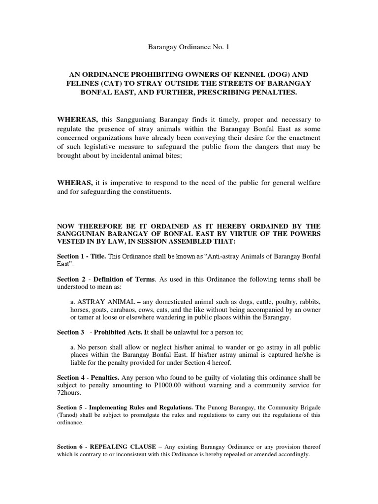 Barangay Ordinance No 1 | PDF | Local Ordinance | Repeal