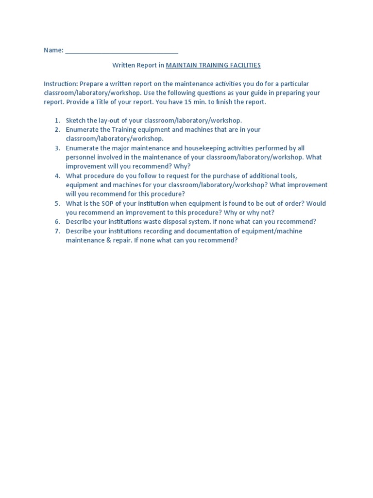 Written Report in Maintain Training Facilities | PDF