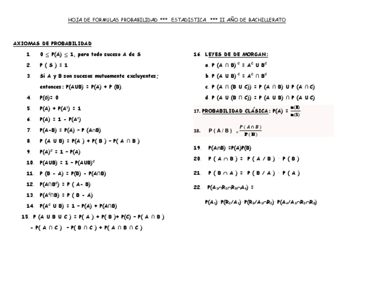 Hoja de - Formulas Probabilidad Ii Año | PDF