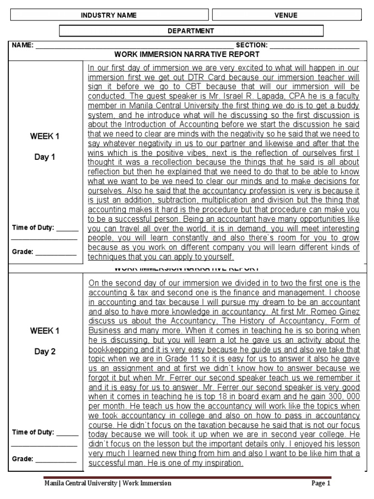 Work Immersion Narrative Report: Week 1 | PDF | Entrepreneurship ...