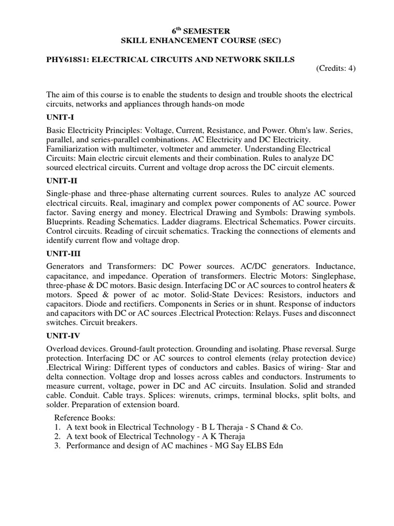 Electrical Circuits Skills, Syllabus, Kashmir University | PDF ...