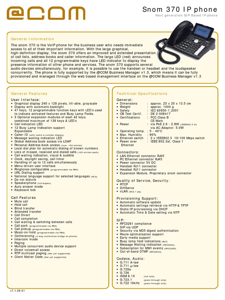 Snom 370 Datasheet v7.1.39-01 | PDF | Telephone | Session Initiation ...