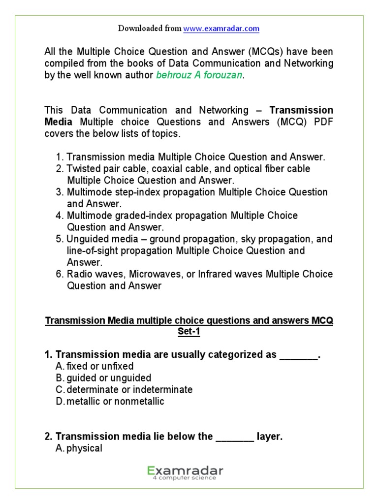 CH 7 Transmission Media Multiple Choice Questions and Answers MCQ PDF ...