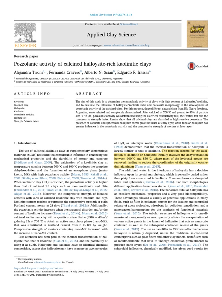 Pozzolanic Activity of Calcined Halloysite-Rich Kaolinitic Clays | PDF | Cement | Mortar (Masonry)