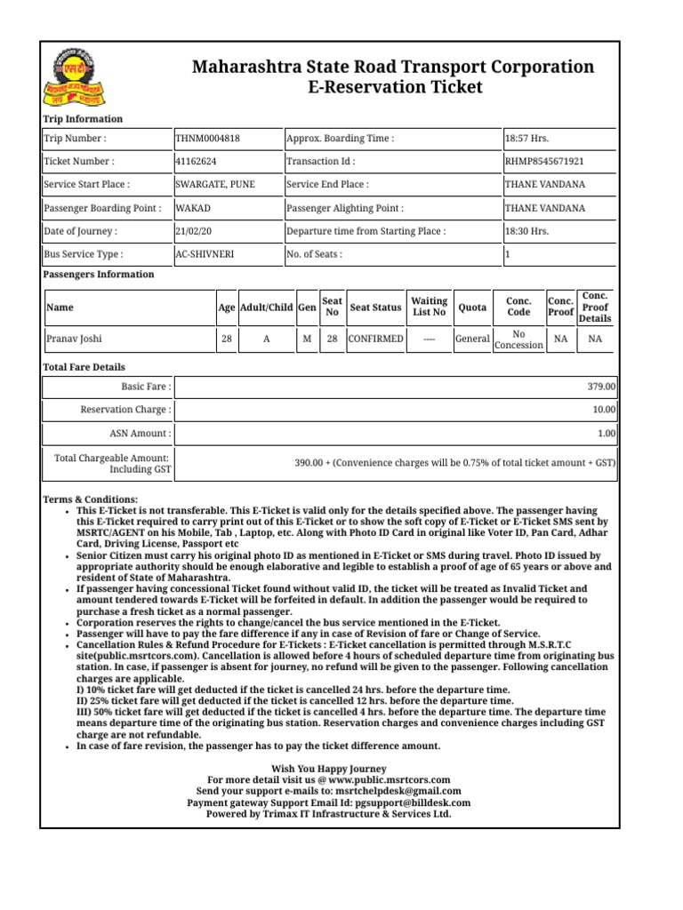 MSRTC - Online Reservation System | PDF | Identity Document | Ticket ...