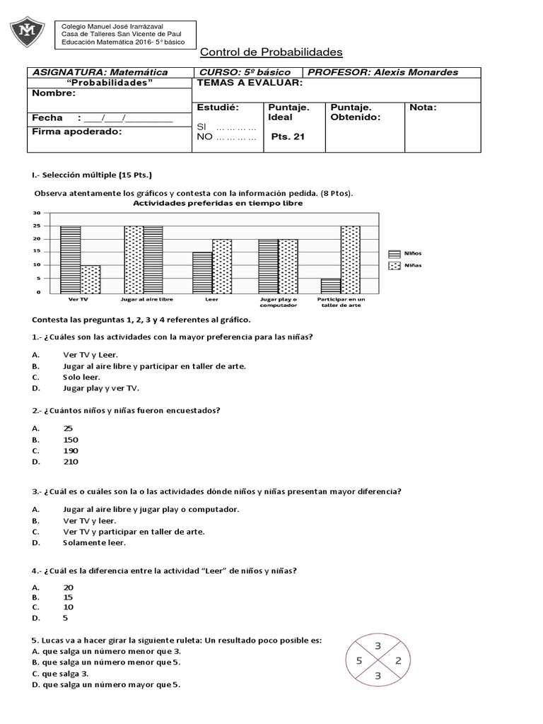 Prueba de Probabilidades 5° | PDF | Ruleta | Probabilidad