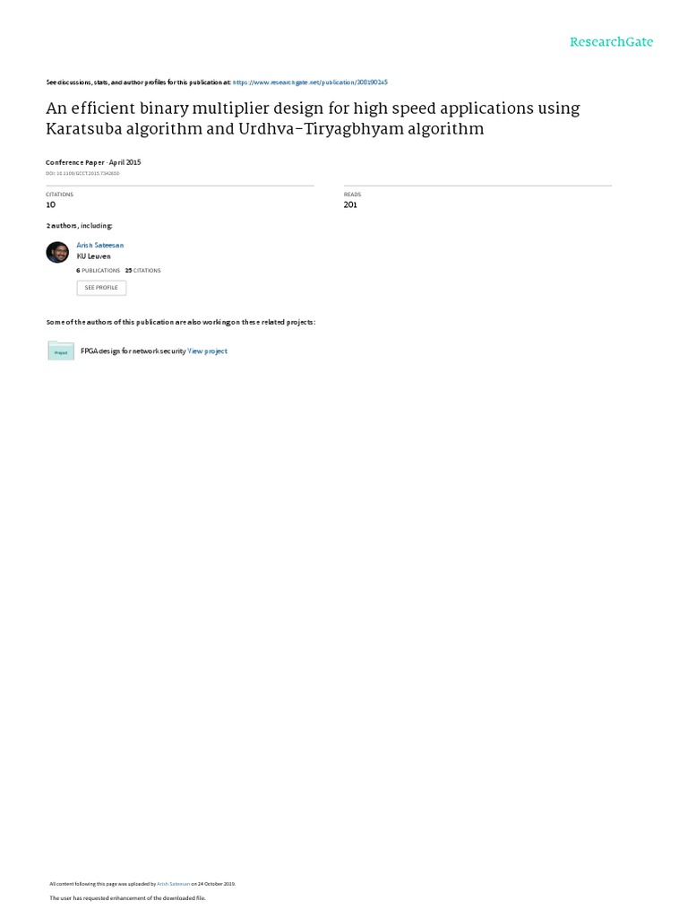 Karatsuba Algorithm and Urdhva-Tiryagbhyam Algorithm | PDF | Algorithms | Multiplication