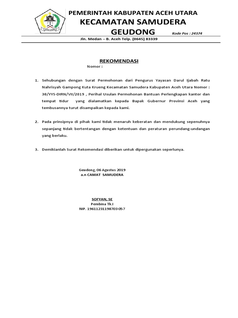 Rekomendasi Camat TTD Camat | PDF