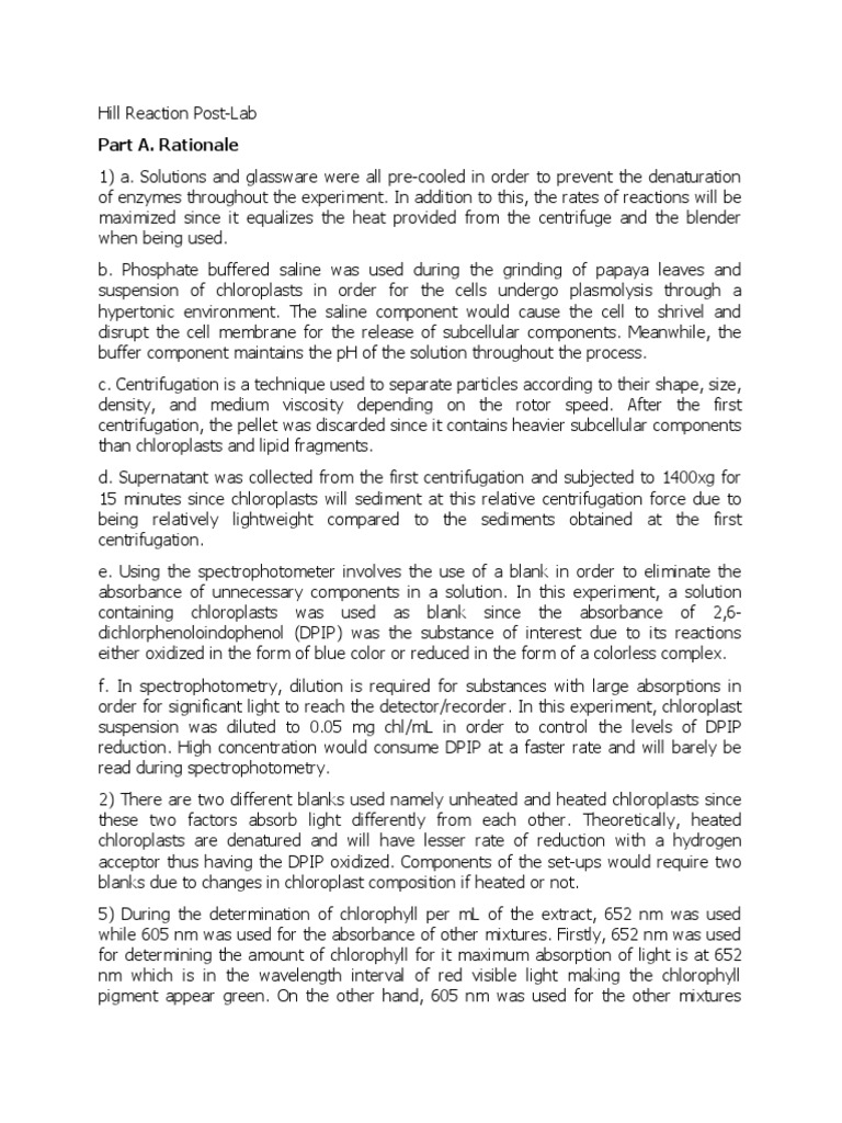 Hill Reaction Post-Lab (Andal) | PDF | Photosynthesis | Chloroplast