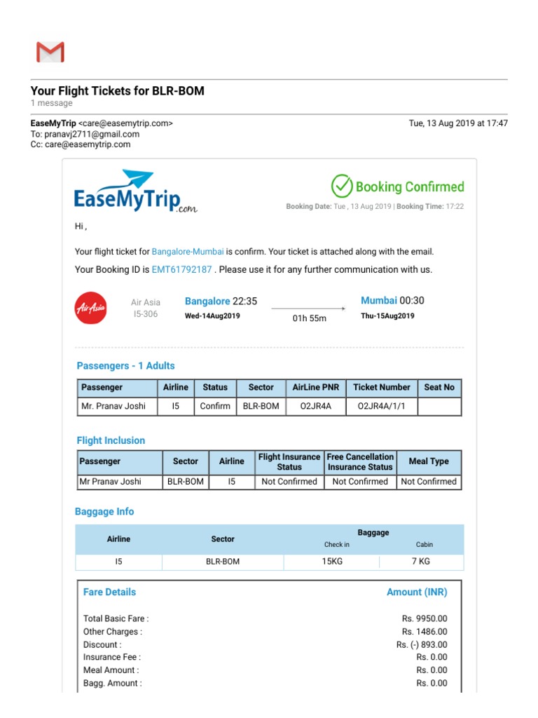 Gmail - Your Flight Tickets For BLR-BOM | PDF | Airlines | Aviation
