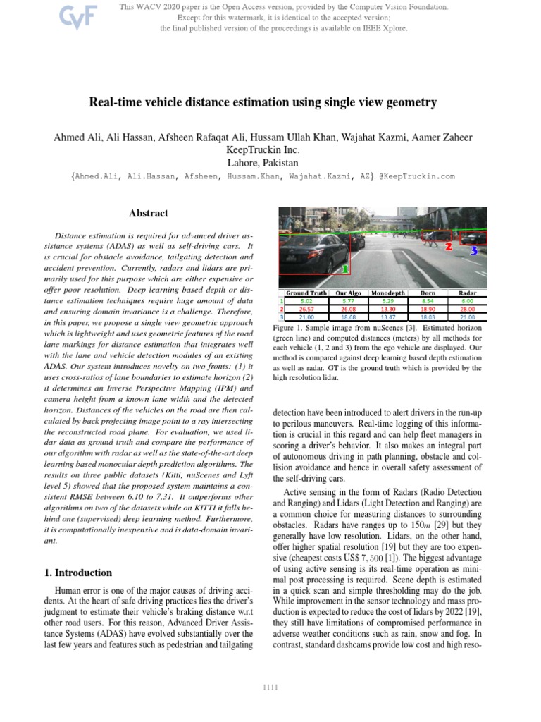 Ali Real-Time Vehicle Distance Estimation Using Single View Geometry ...