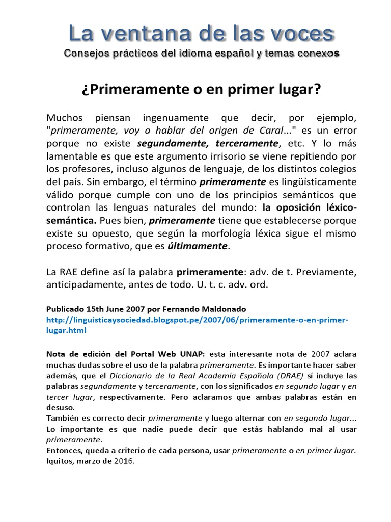 Primeramente o en Primer Lugar PDF | PDF