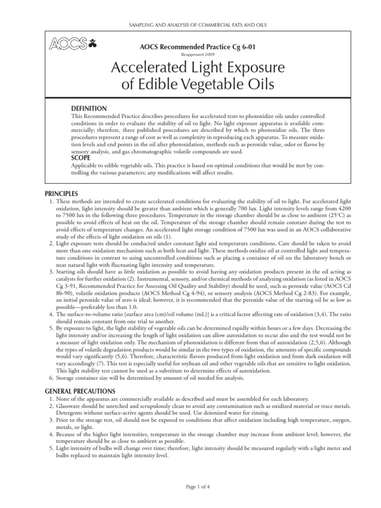 Accelerated Light Exposure of Edible Vegetable Oils AOCS CG 6-01 | PDF ...